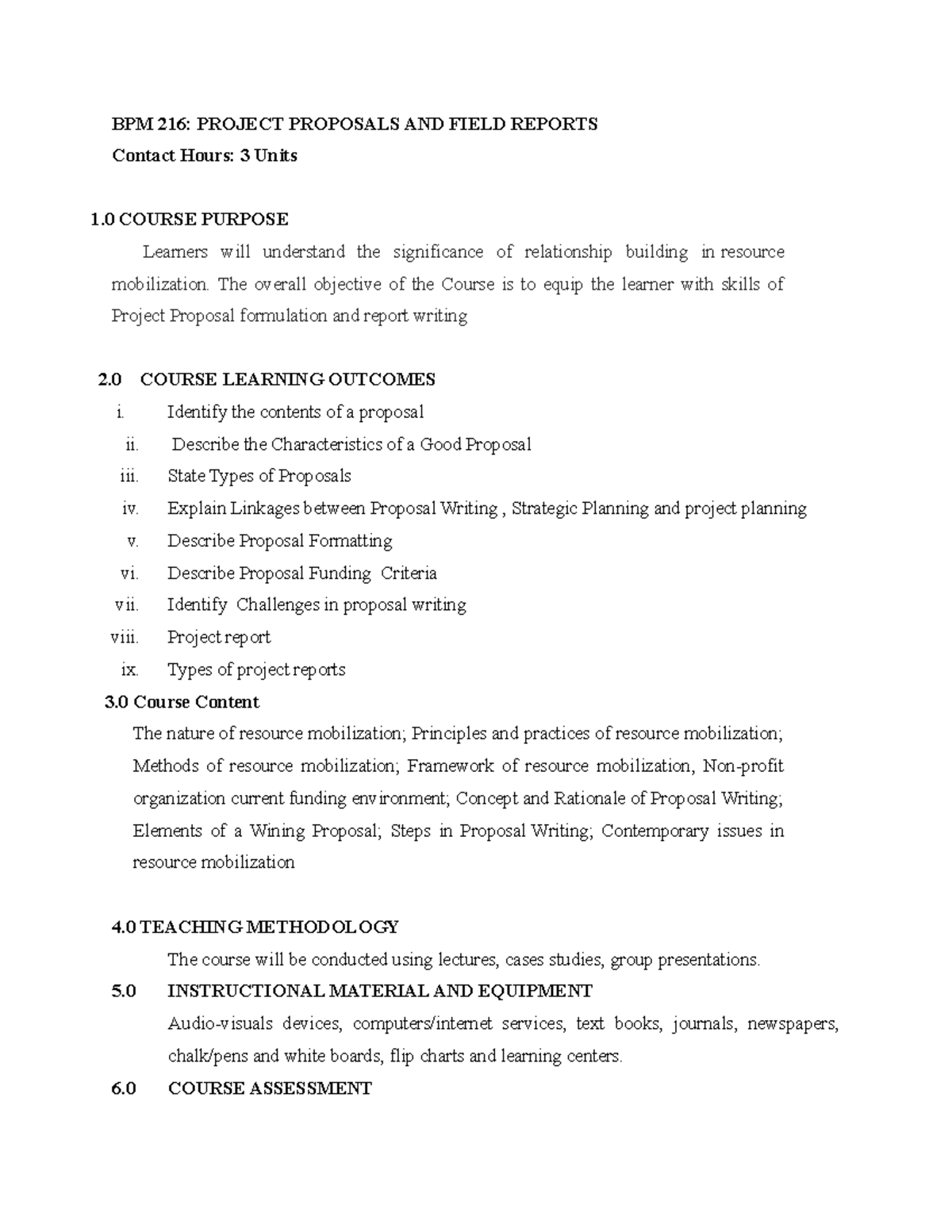 Course Outline -BPM 216 Project Proposal Writing AND Field Reports -202 ...
