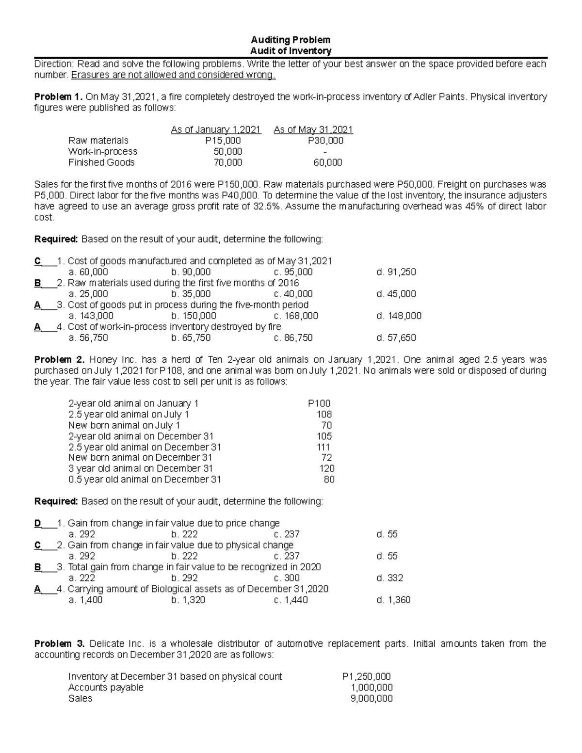 Audit of Inventory Quiz VI Updated - Auditing Problem Audit of Inventory Direction: Read and ...