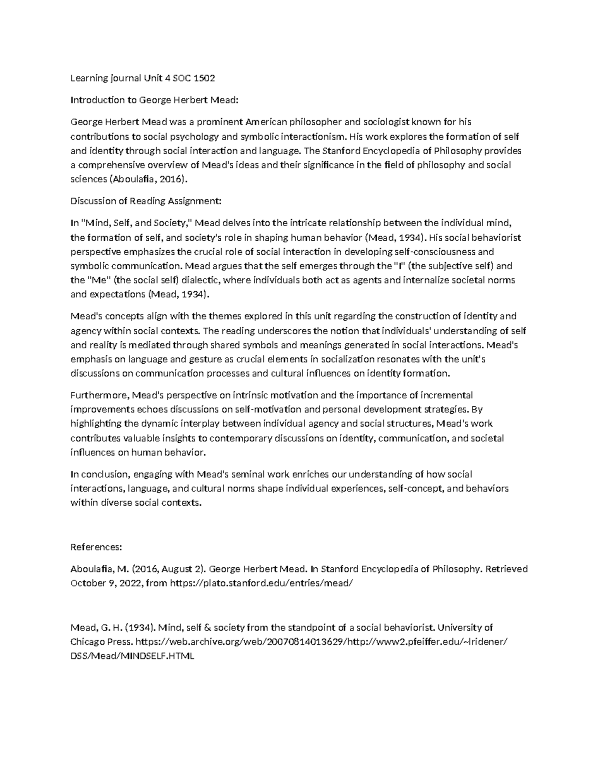Learning journal Unit 4 SOC 1502 - Learning journal Unit 4 SOC 1502 Introduction to George ...