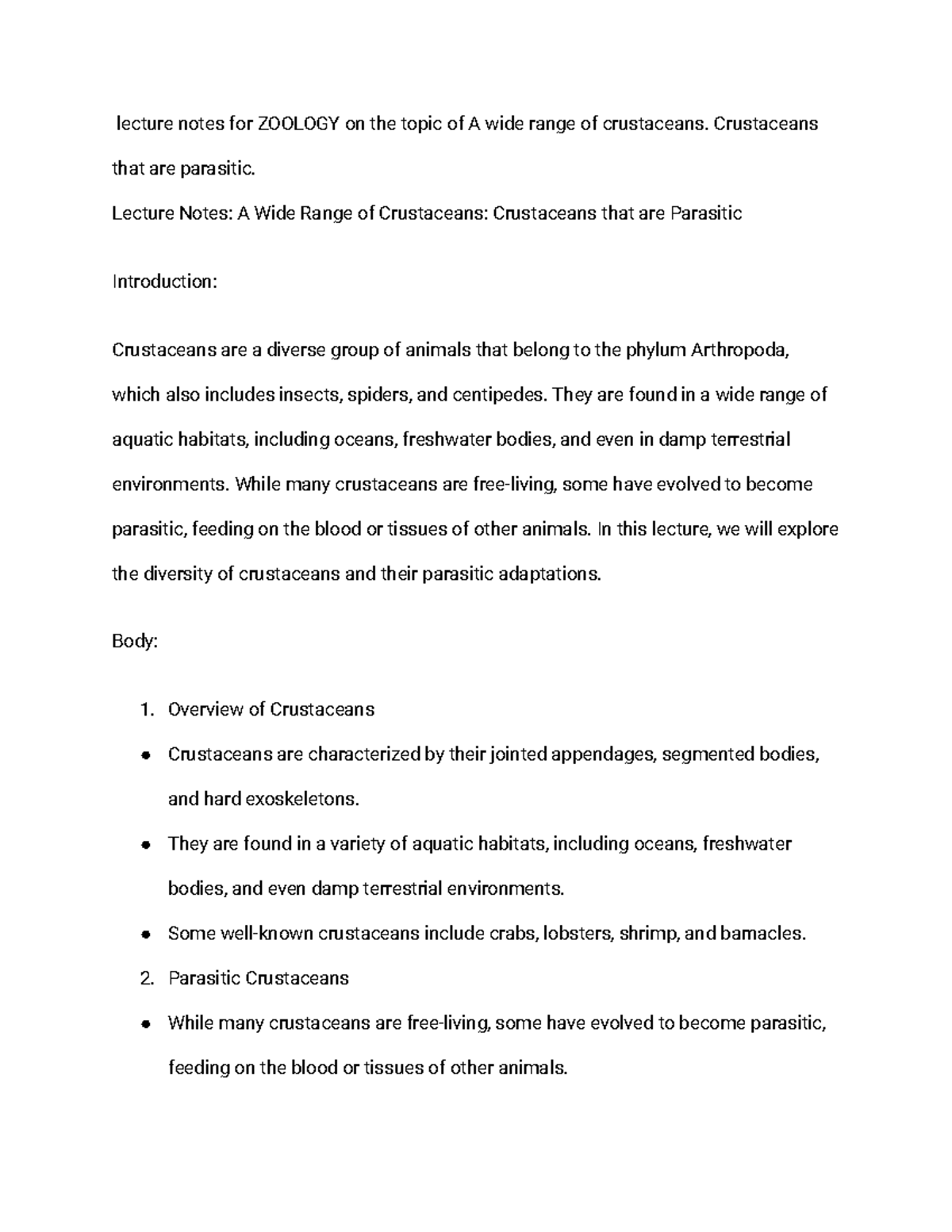 Lecture notes for Zoology on the topic of A wide range of crustaceans ...