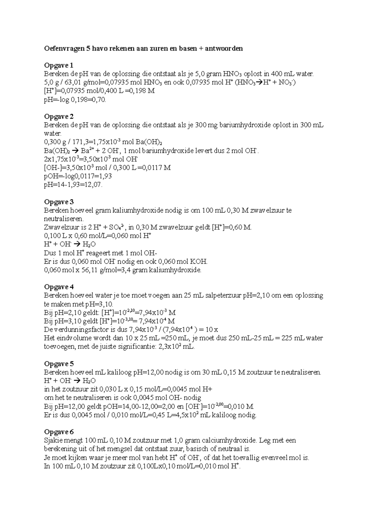 Oefenvragen 5 havo rekenen aan zuren en basen + ant - 5,0 g / 63,01 g ...
