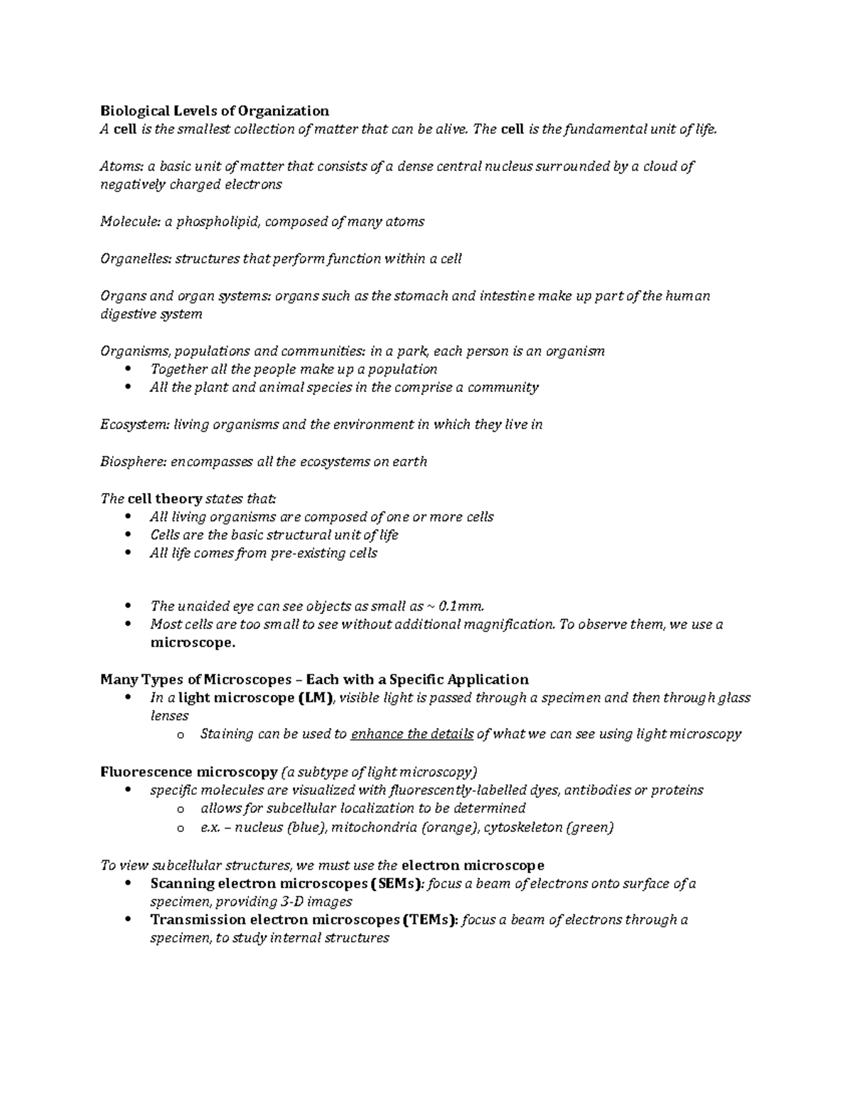 Document 1 - Lecture notes - Biological Levels of Organization A cell ...