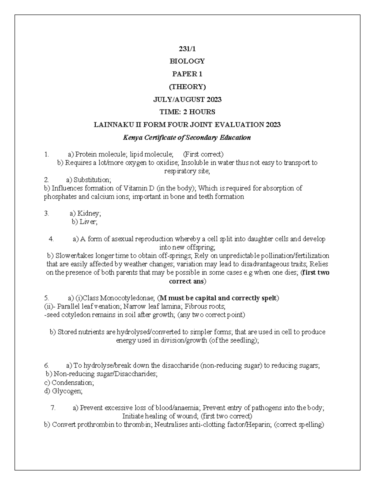 Biology PP1 Marking Scheme 2023 - 231/ BIOLOGY PAPER 1 (THEORY) JULY ...