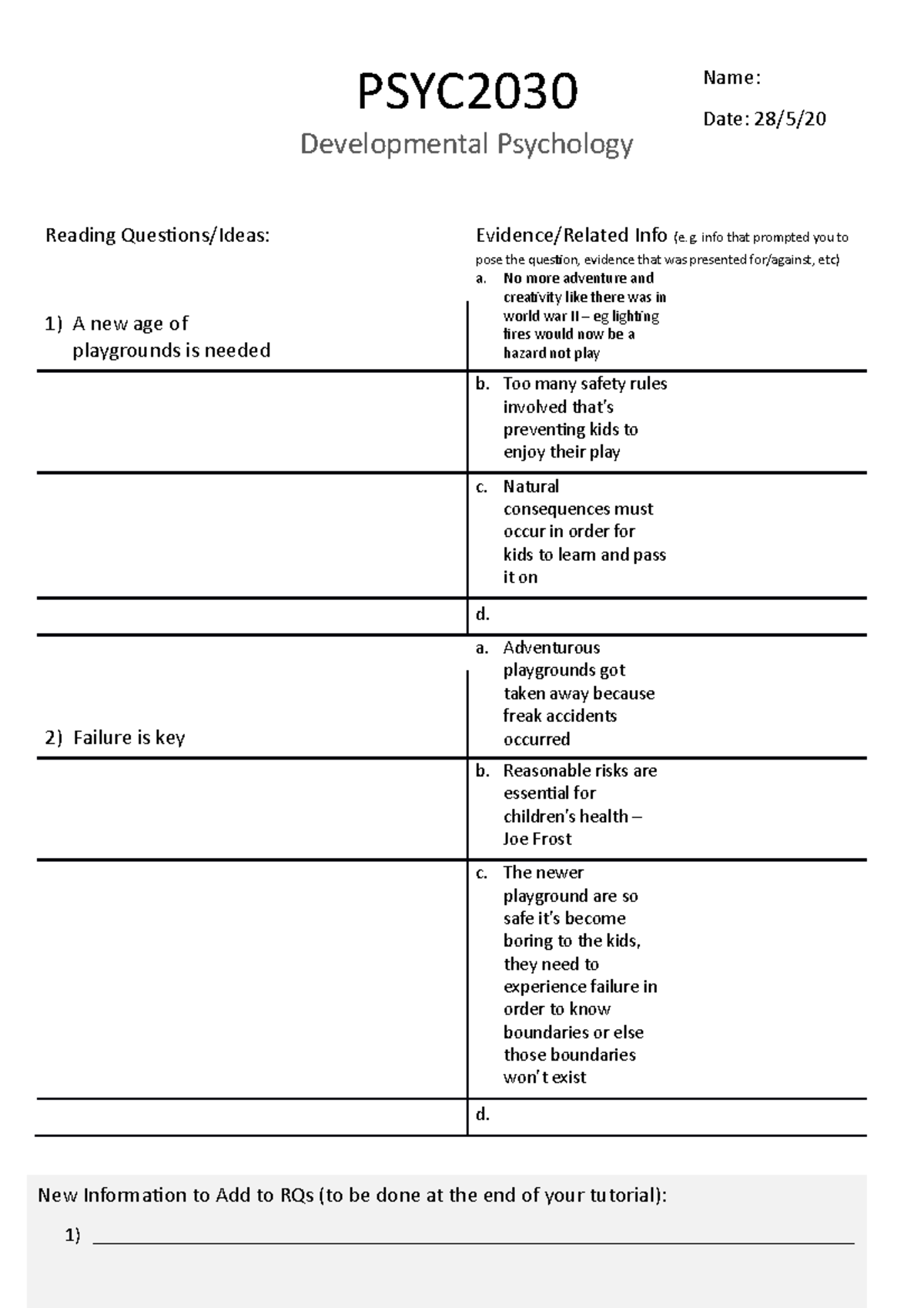 Week 7 worksheet - PSYC Name: Date: 28/5/ Developmental Psychology Reading Questions/Ideas ...