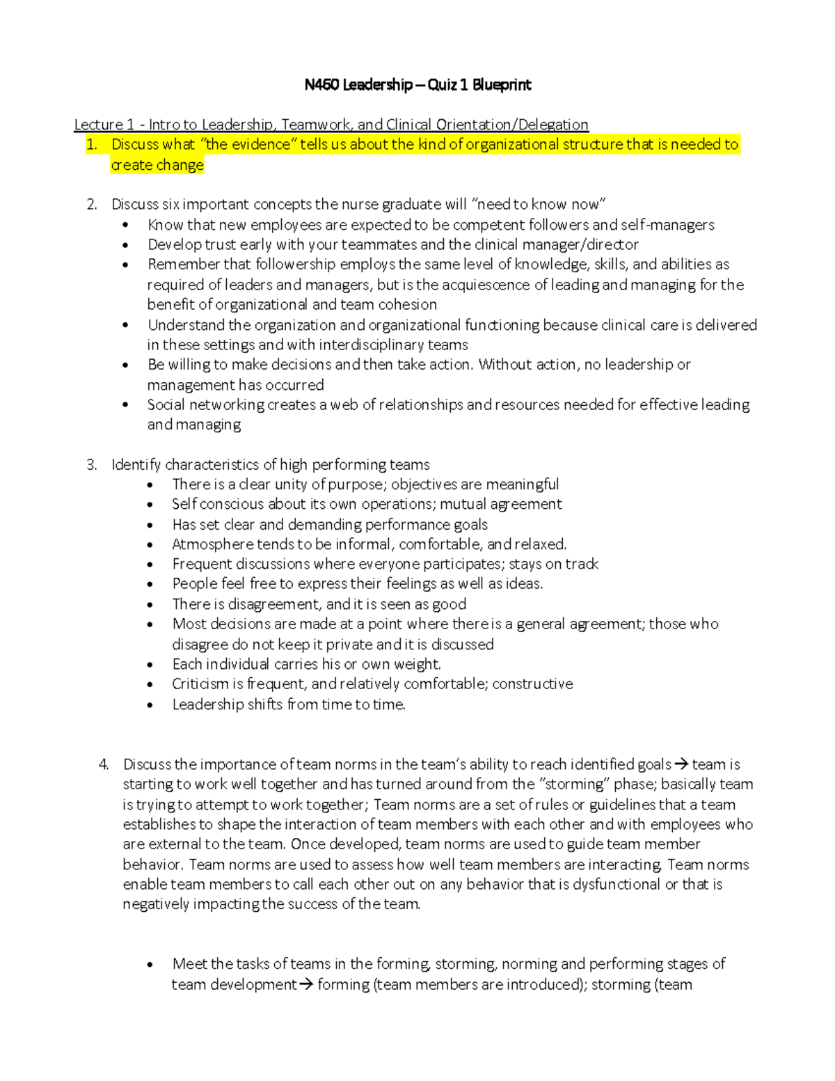 Leadership Study Guide 1 - N460 Leadership Quiz 1 Blueprint Lecture 1 ...