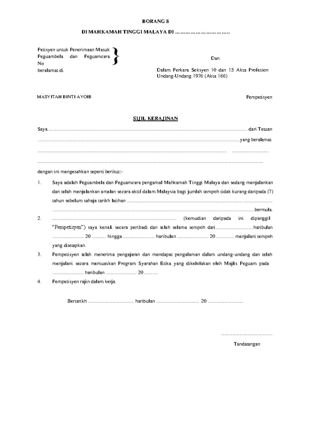 CONTOH FORM 8/ BORANG 8 - MASYITAH BINTI AYOIB BORANG 8 DI MAHKAMAH ...