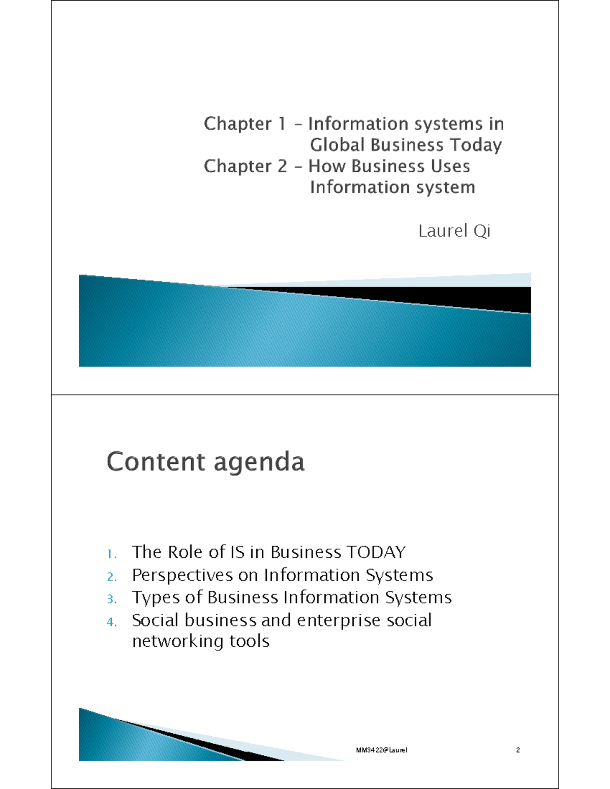 Lecture 02 - Chapter 1 and Chapter 2 - Laurel Qi 1. The Role of IS in Business TODAY 2 ...