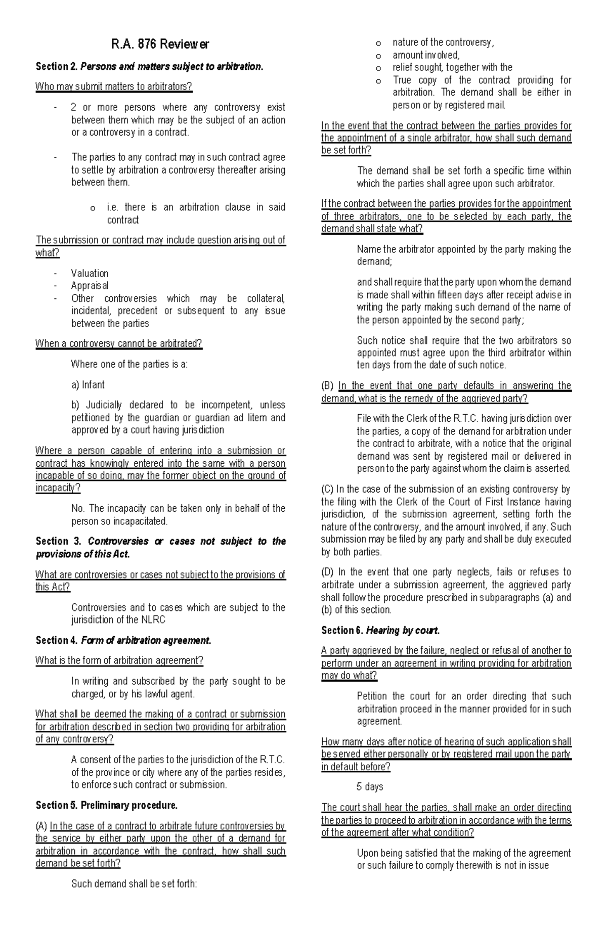 RA 876 Reviewer - remedial law revuewer - R. 876 Reviewer Section 2 ...