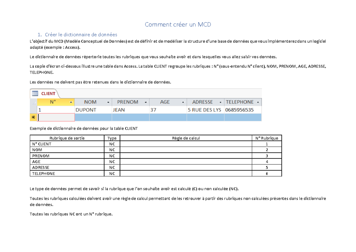 Fiche Réalisation MCD - Comment créer un MCD 1. Créer le dictionnaire ...