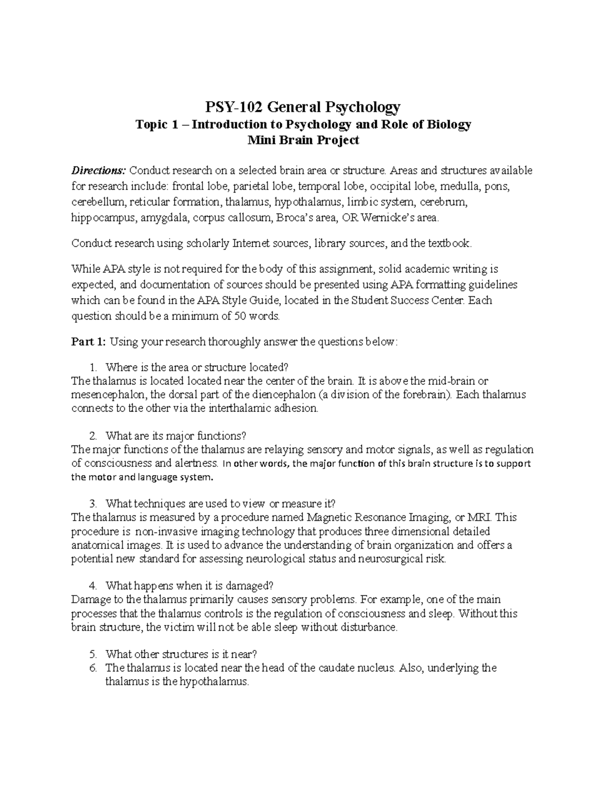 PSY-102-RS-Mini Brain Project (1) - PSY-102 General Psychology Topic 1 ...