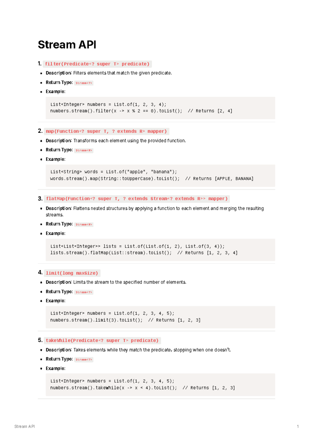 Stream API CheatSheet - Stream API 1 Stream API 1. filter(Predicate ...