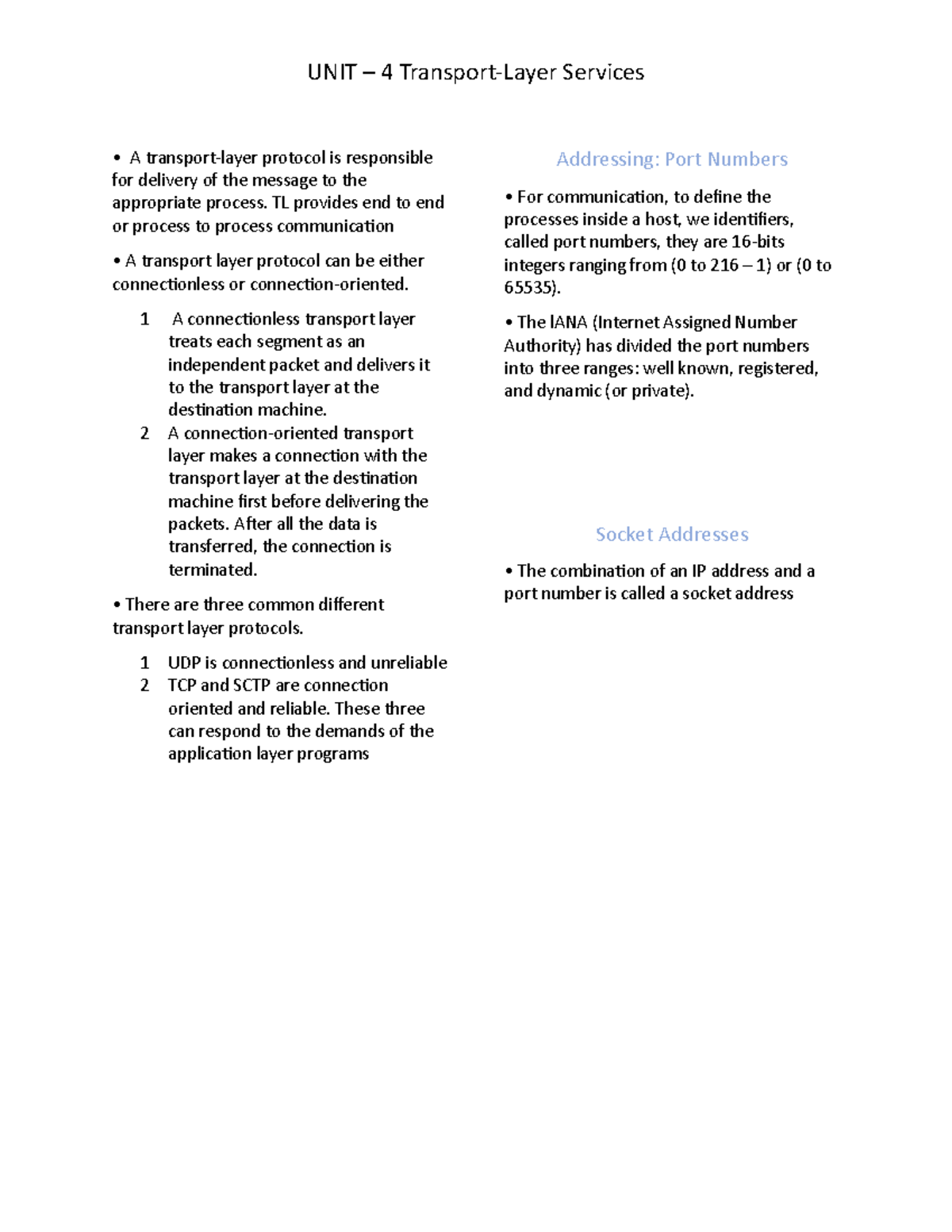 CN UNIT 4 - Transport Layer - UNIT – 4 Transport-Layer Services • A ...