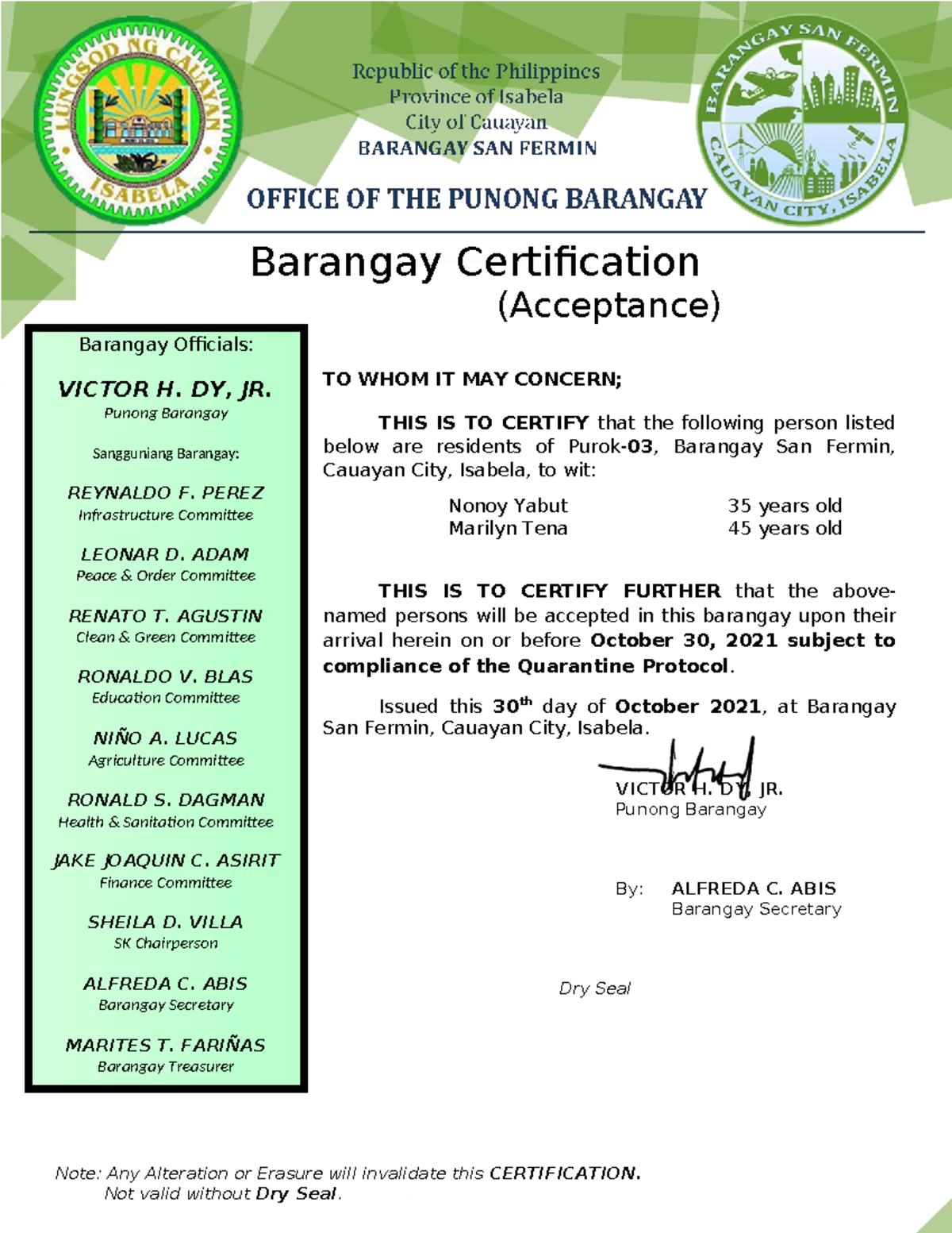 2021 Certification (Acceptance) - Victor H. Dy, Jr - Barangay ...
