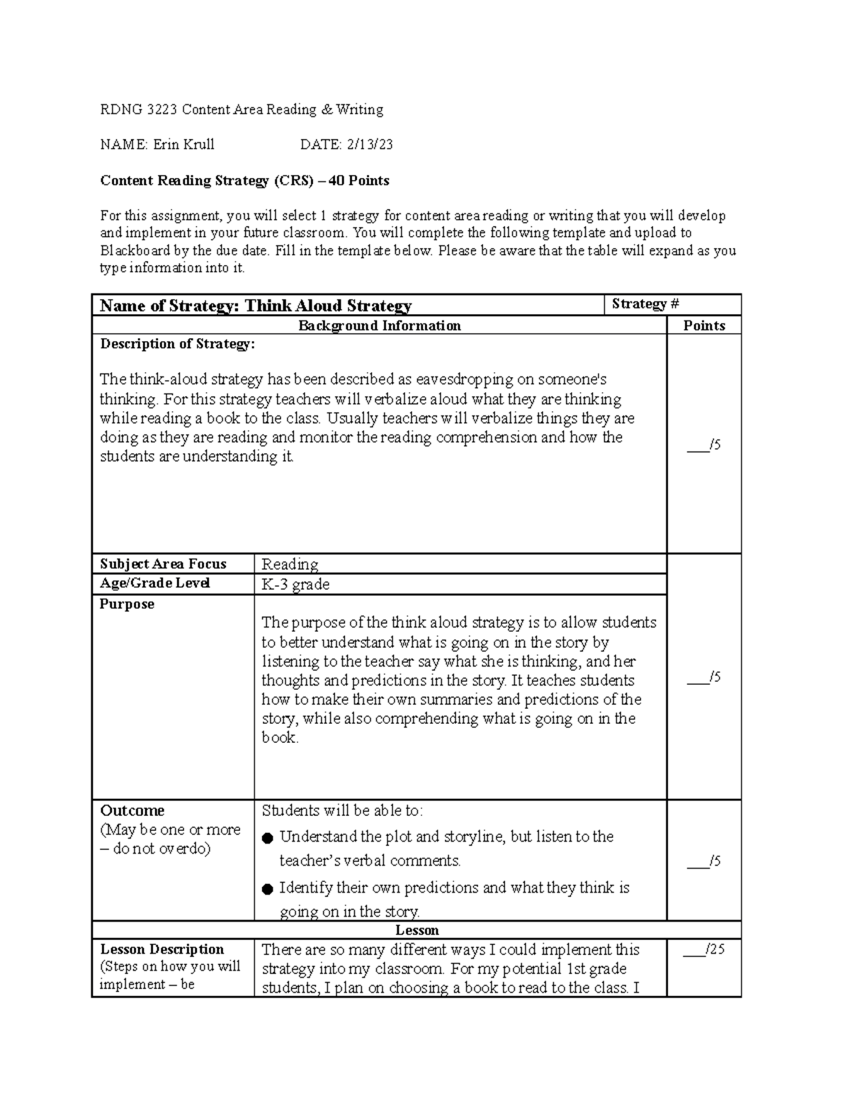 Rubric Strategy Lesson - RDNG 3223 Content Area Reading & Writing NAME ...