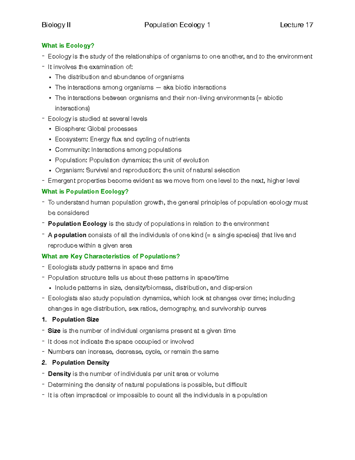 Bio II; Lec 17; Population Ecology 1 (PDF) - What is Ecology? - Ecology ...