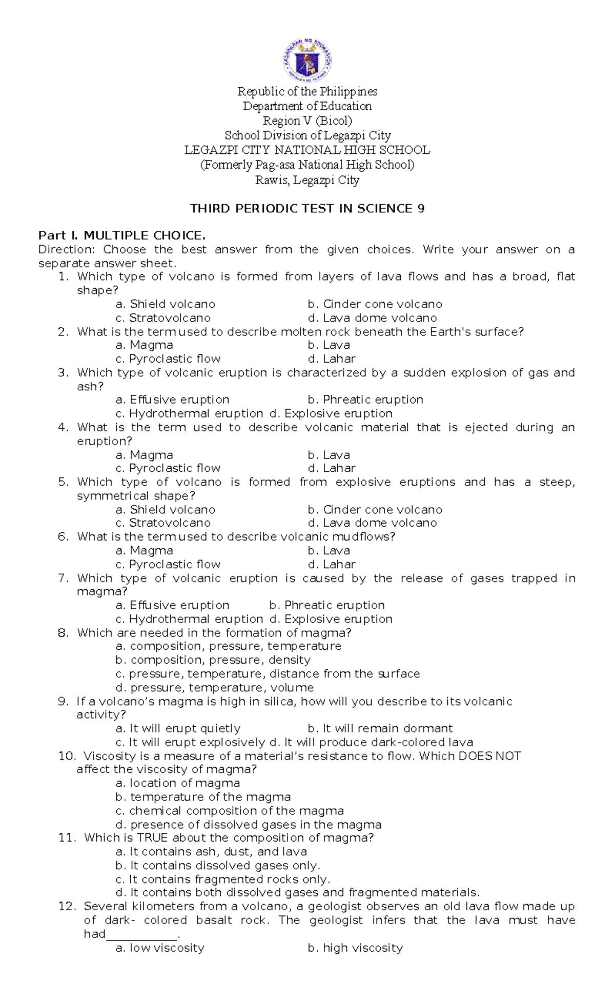 Third Periodic TEST SCI 9 Earthsci - Republic of the Philippines ...