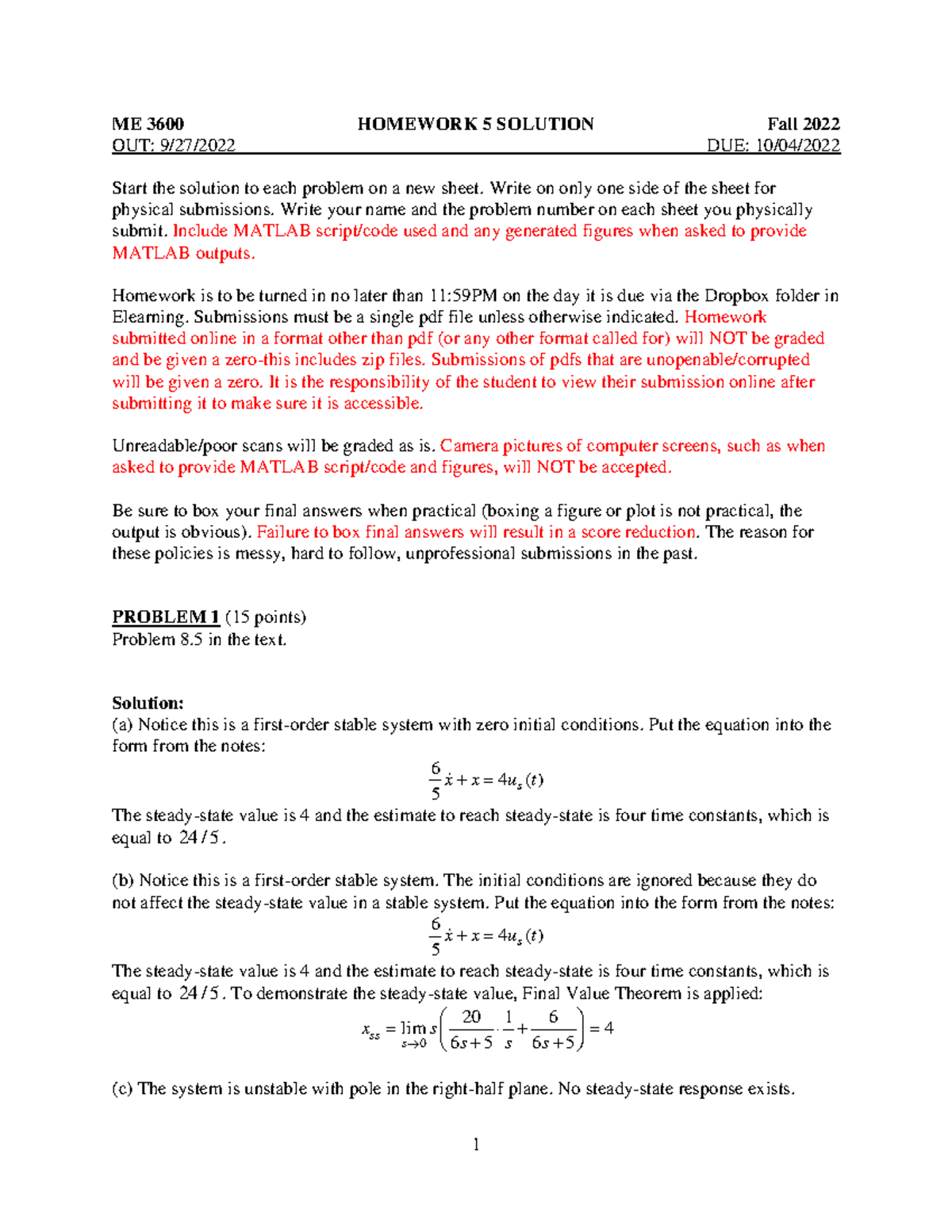 ME3600 Homework 05 Solution - ME 3600 HOMEWORK 5 SOLUTION Fall 2022 OUT ...