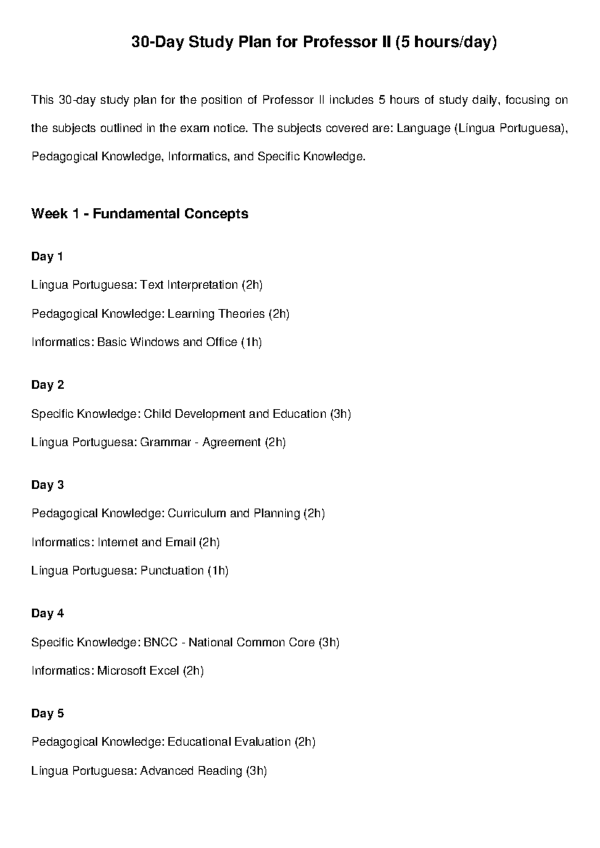 30 day study plan Professor II - 30-Day Study Plan for Professor II (5 hours/day) This 30-day ...