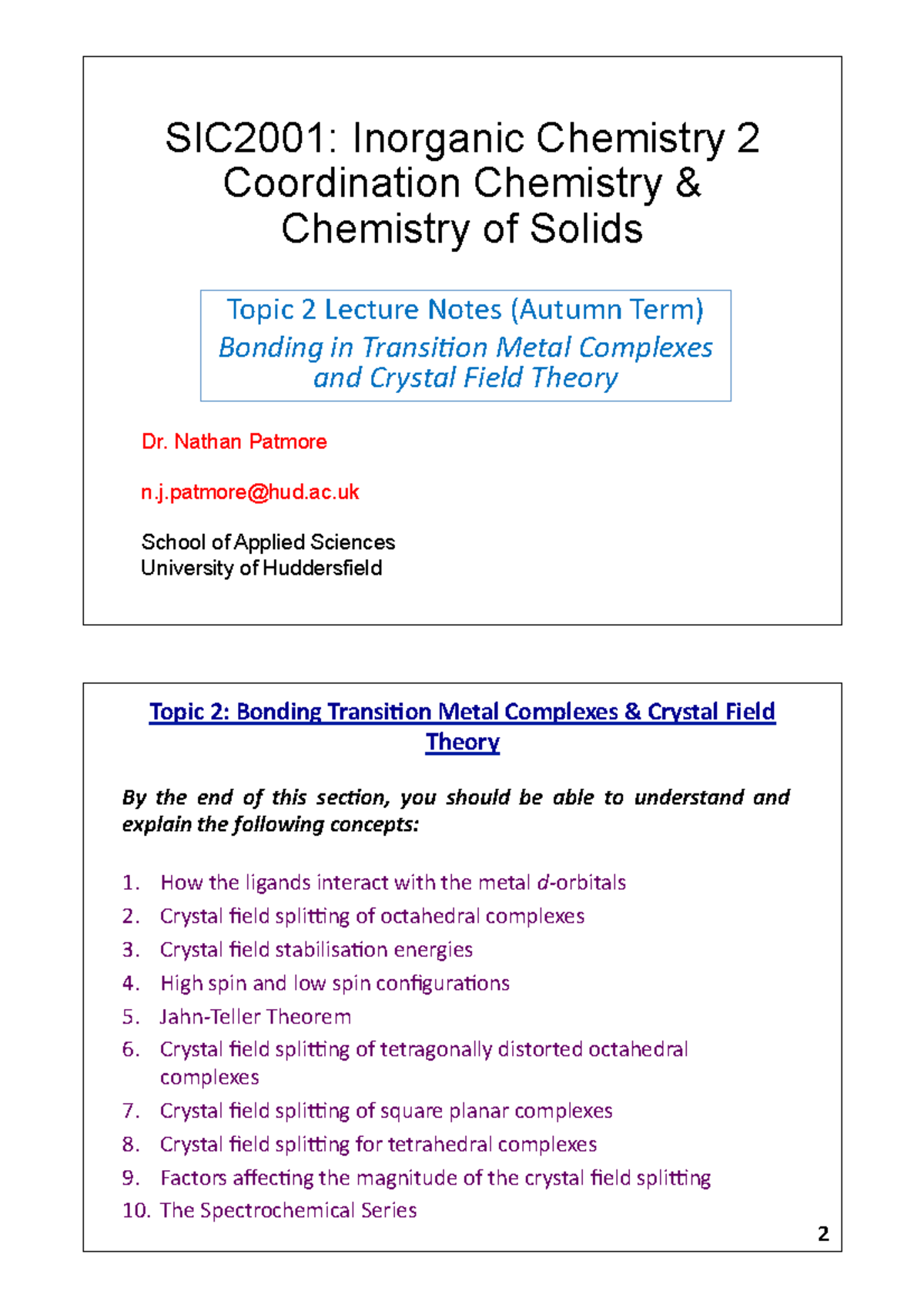 Topic 2 overheads - Nathan patmore 15/16 - SIC2001: Inorganic Chemistry ...