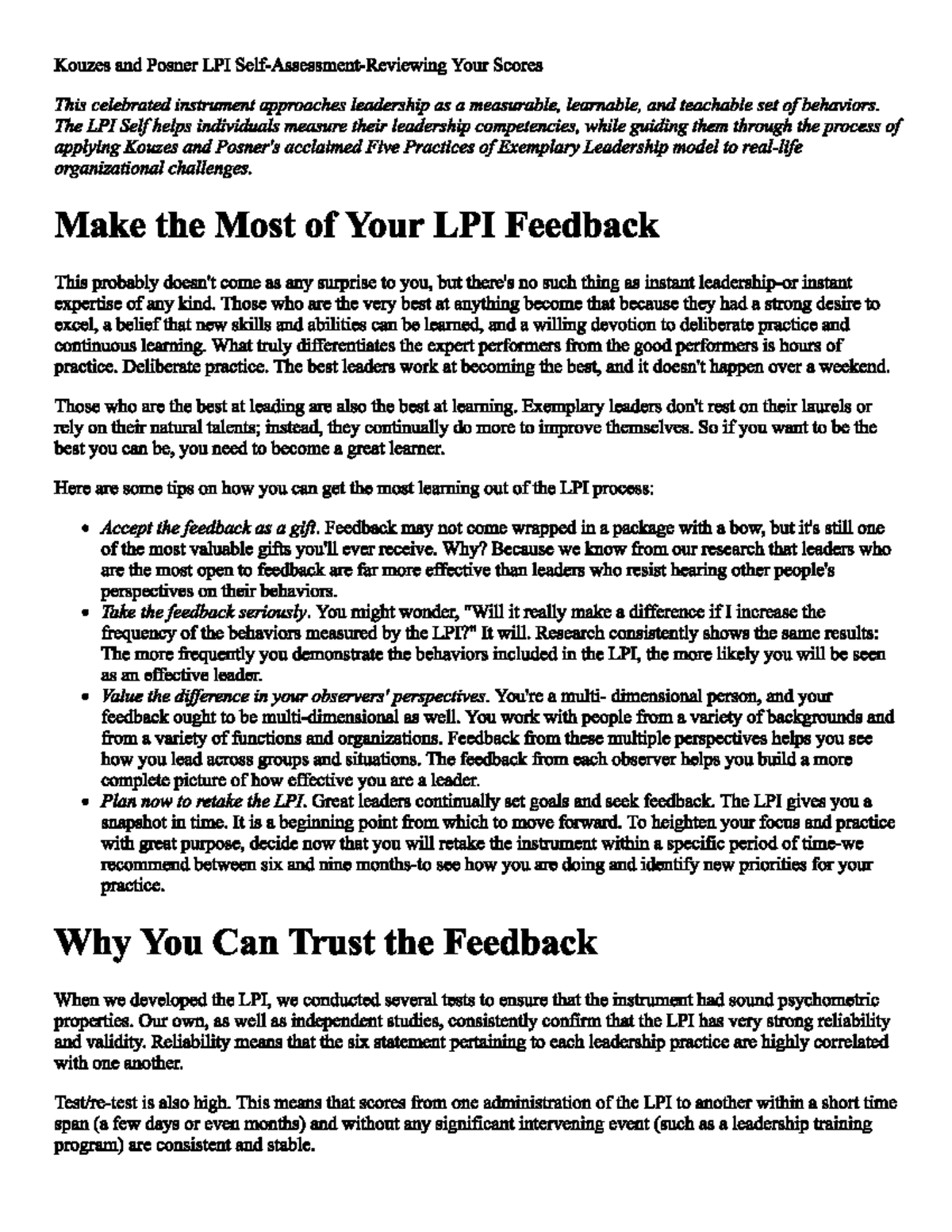 LPI Assessment Review Scores - MBA 580 - SNHU - Studocu