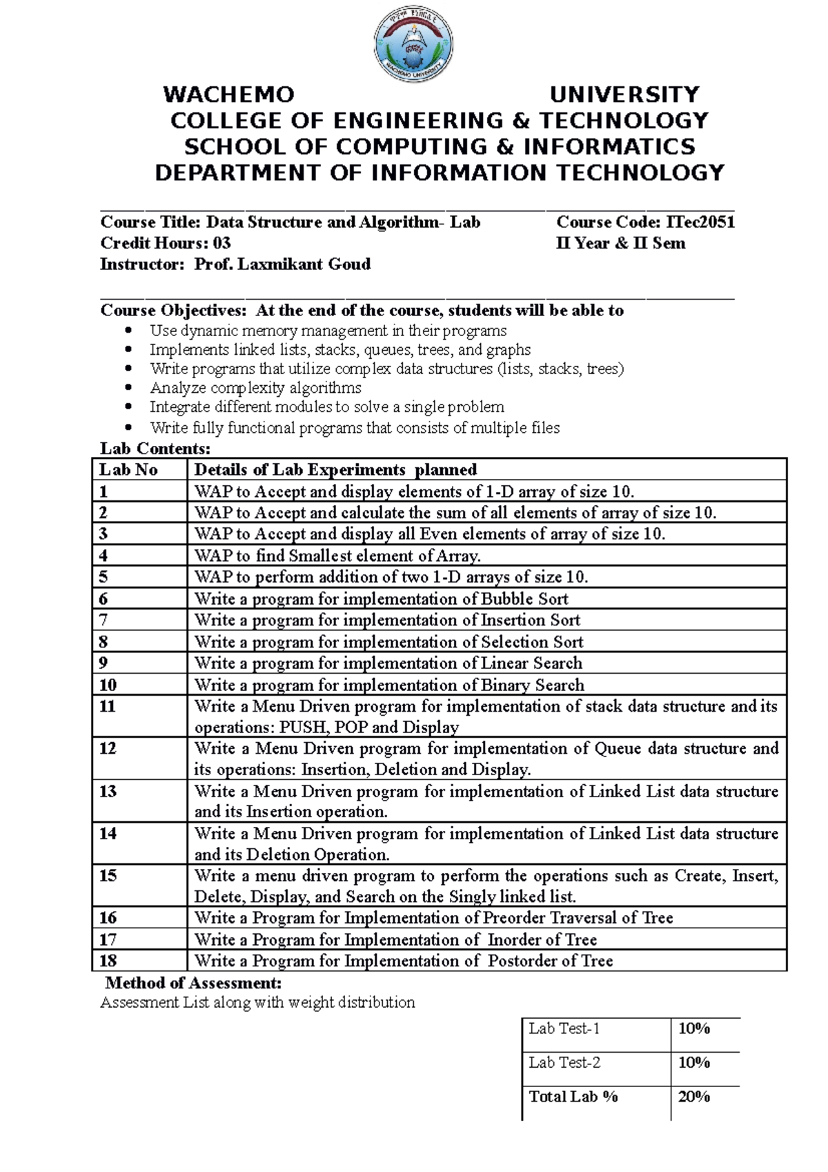 DS-Lab Outline - wrere - WACHEMO UNIVERSITY COLLEGE OF ENGINEERING ...