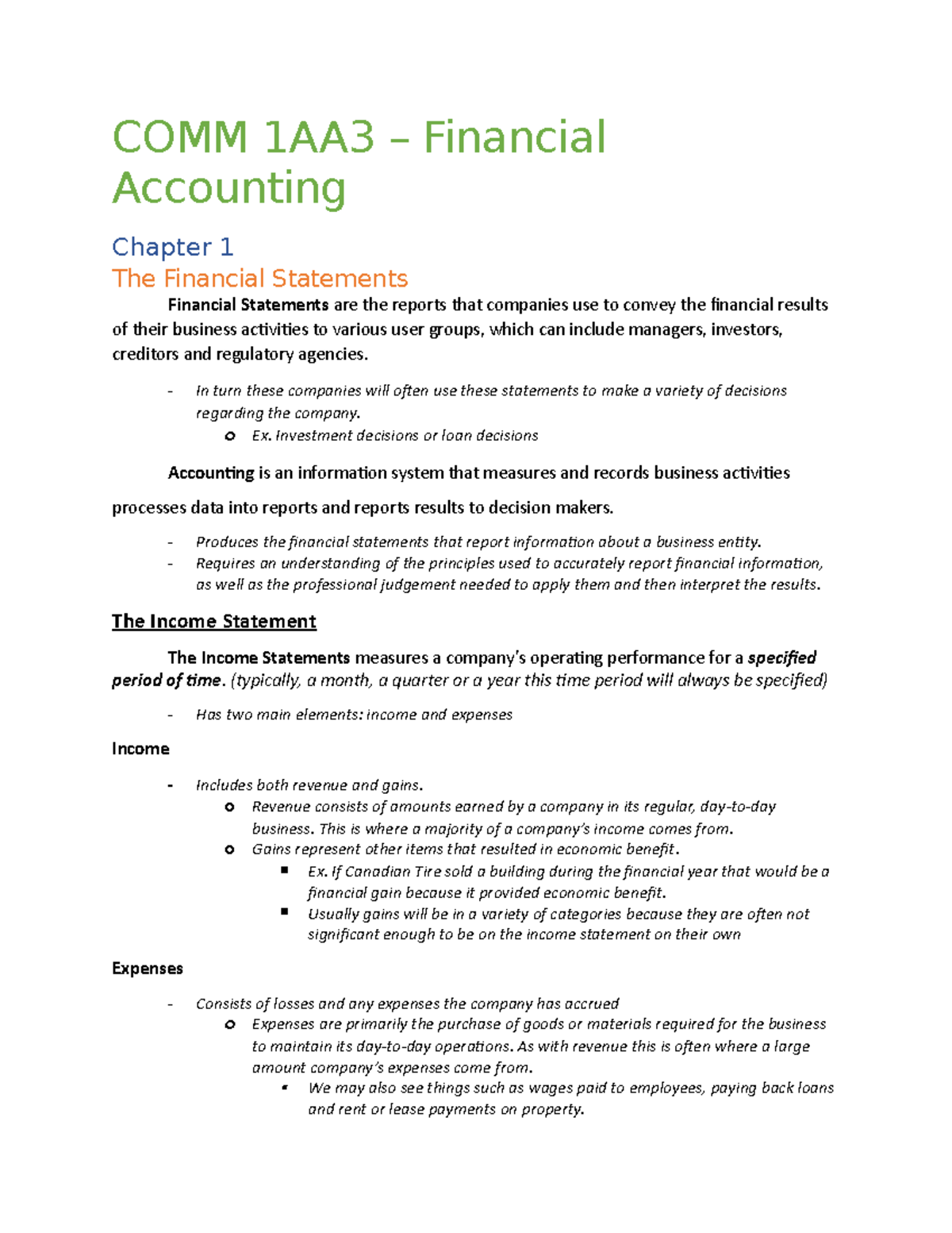 Textbook Notes Ch1,2,3,5,8,10 - COMM 1AA3 – Financial Accounting ...