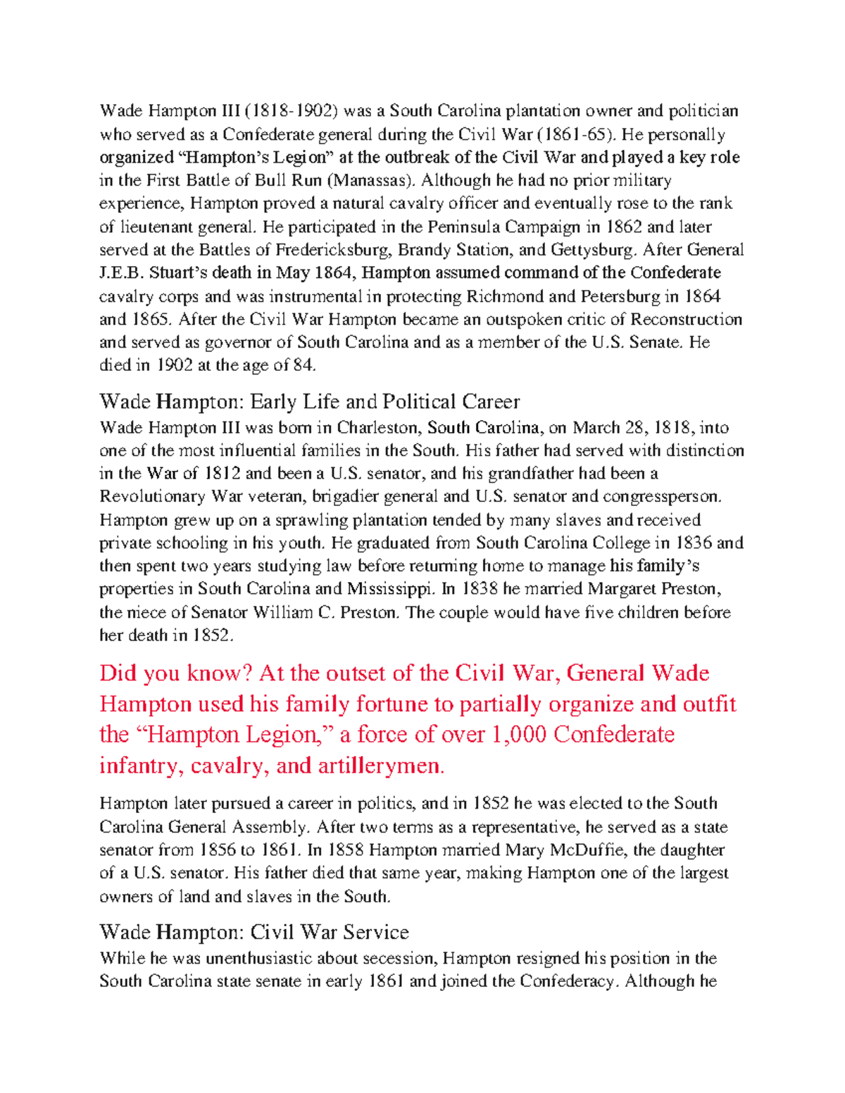 Wade Hampton Notes - Wade Hampton III (1818-1902) was a South Carolina ...