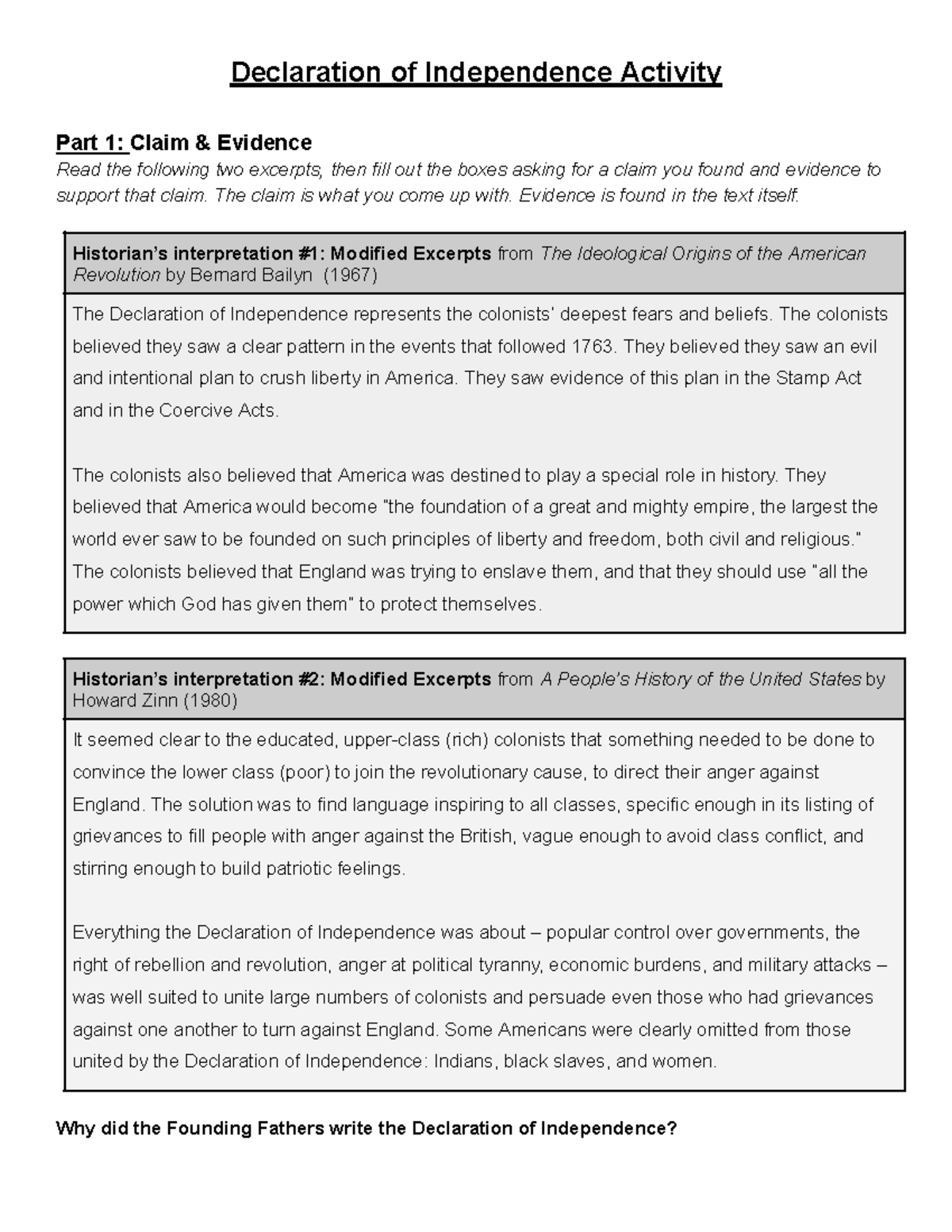 Declaration of Independence Activity - The claim is what you come up ...