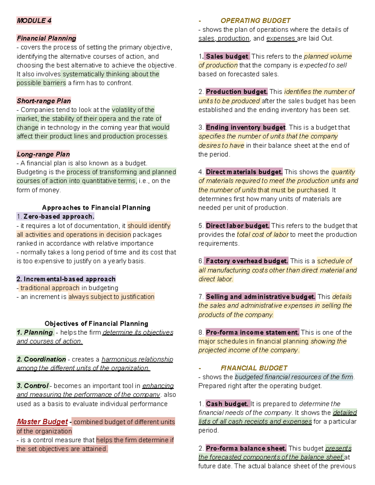 Financial Management - MODULE 4 Financial Planning covers the process ...