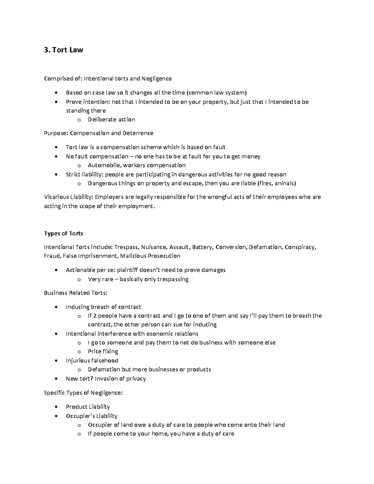 3. Tort Law - lecture notes for business law - 3. Tort Law Comprised of ...