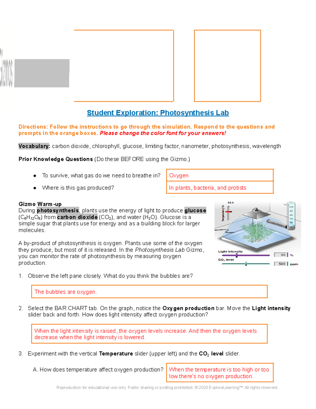 Photosynthesis Gizmo Lab - Name: Student Exploration: Photosynthesis ...