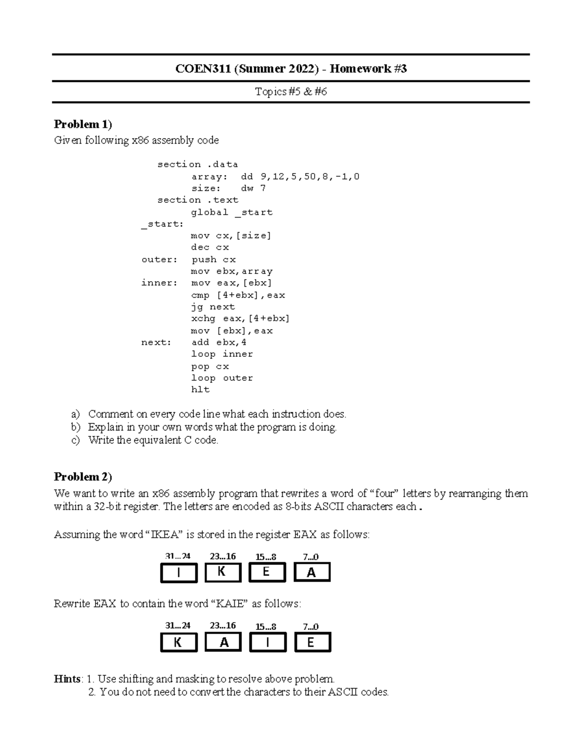 Homework #3 - assignment #3 of coen 311 computer organization - COEN311 ...