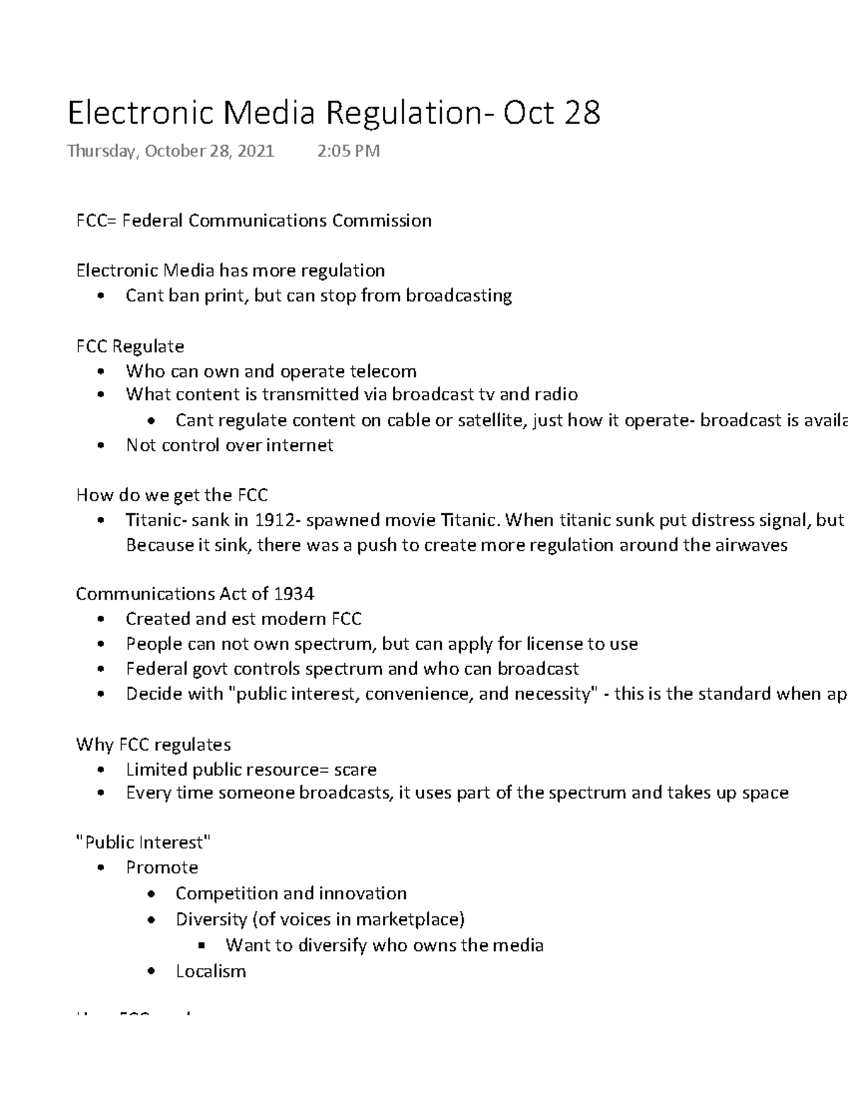 Comm Law Electronic Media Regulation - FCC= Federal Communications ...