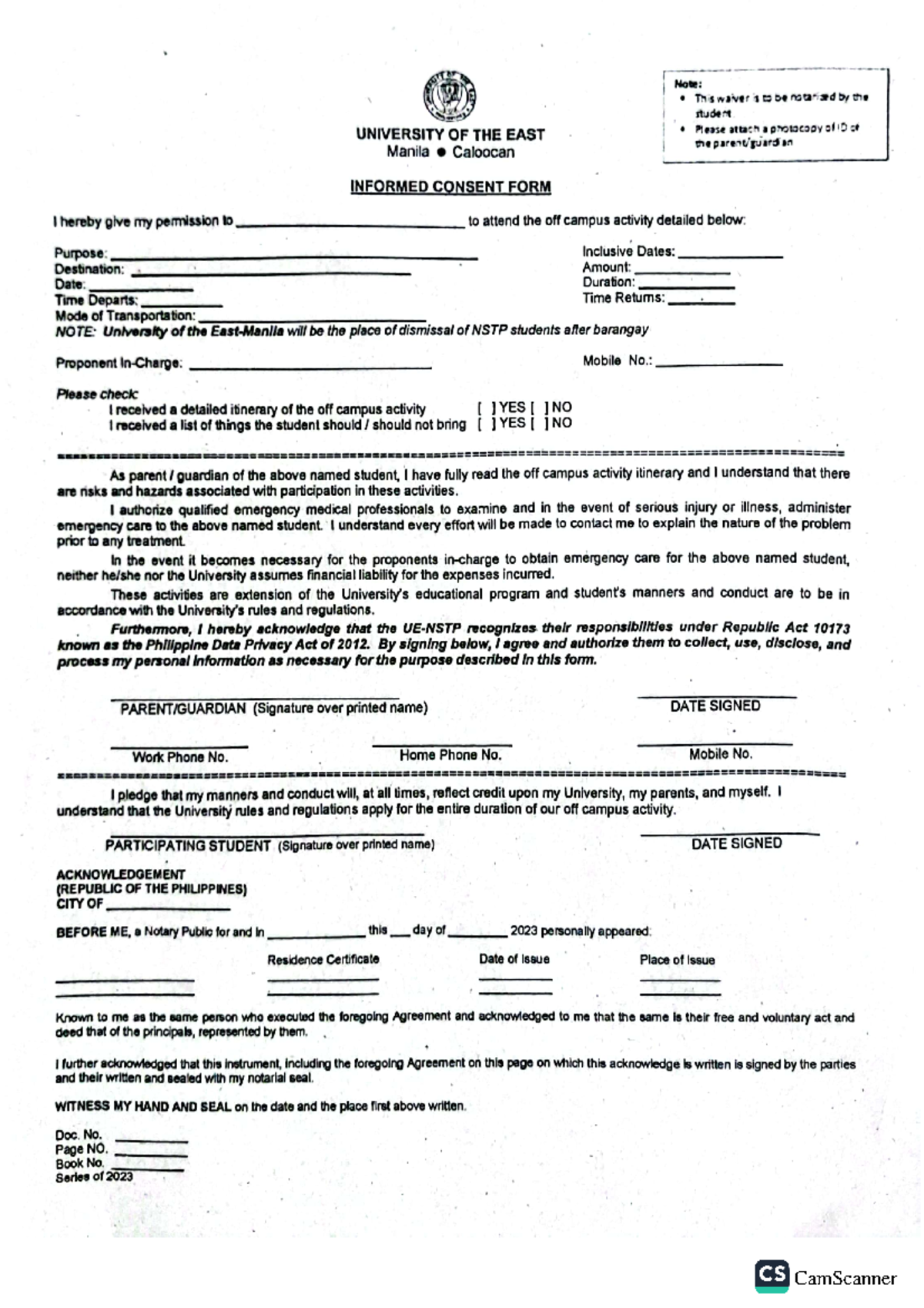 Consent-form - consent - Note: This the student UNIVERSITY OF THE EAST ...