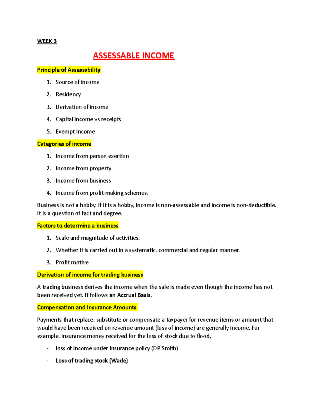 Assessable Income - WEEK 3 ASSESSABLE INCOME Principle of Assessability ...