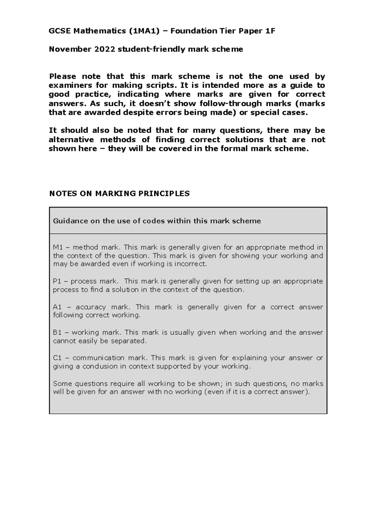 03c Student Friendly Mark Scheme 3f Nov 2022 - Gcse Mathematics (1ma1 