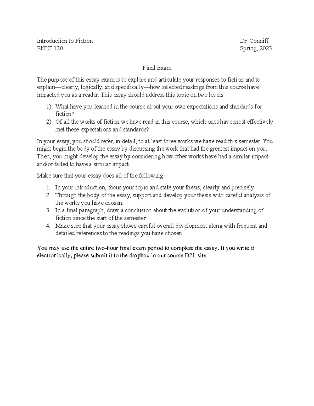 ENLT 120 Final Exam Spring 2023 - Introduction to Fiction Dr. Conniff ...