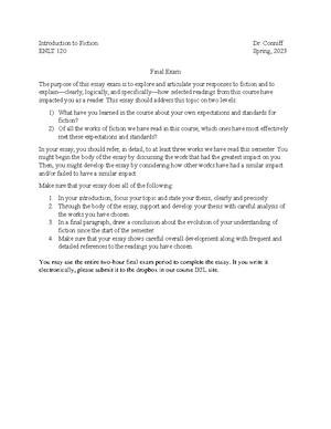 ENLT 120 Exam 2 Spring 20231 - Introduction to Fiction Dr. Brian ...