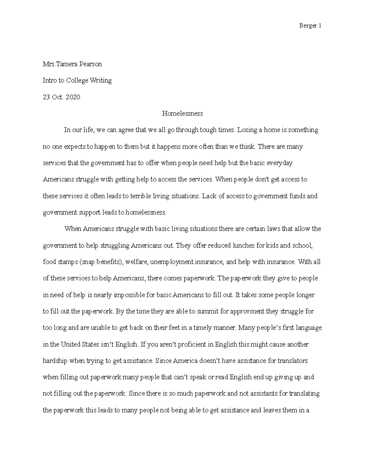 Homelessness - Mrs.Tamera Pearson - Mrs Pearson Intro to College Writing 23 Oct. 2020 ...