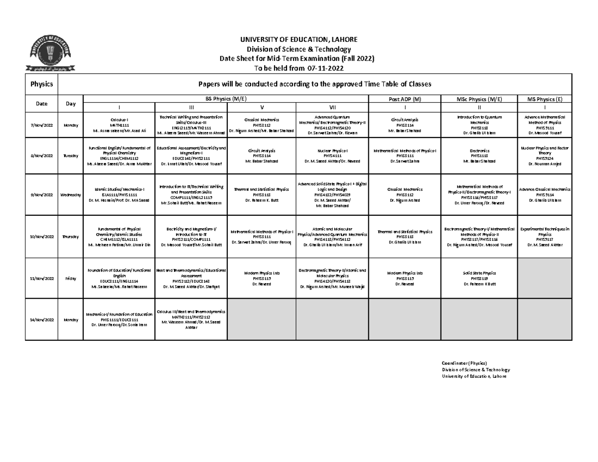 Date Sheet-Fall 2022 (Mid Term) - Post ADP (M) MSc Physics (M/E) MS ...
