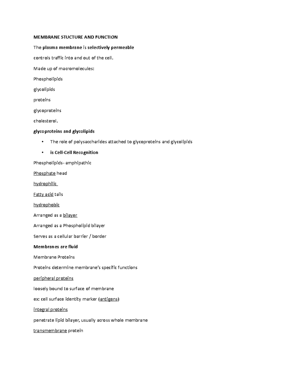Chapter 7- Membrane Lecture Notes - MEMBRANE STUCTURE AND FUNCTION The ...