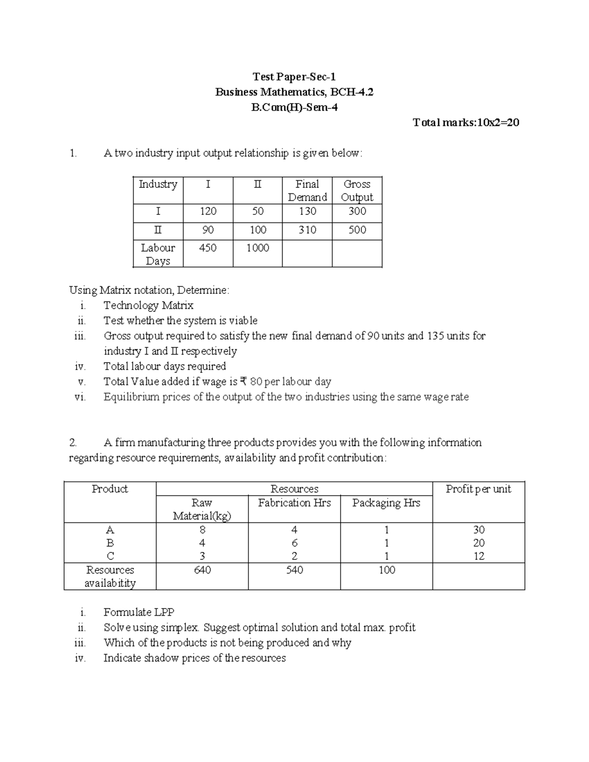 Test Paper-BM - bm test paper - Test Paper-Sec- Business Mathematics ...