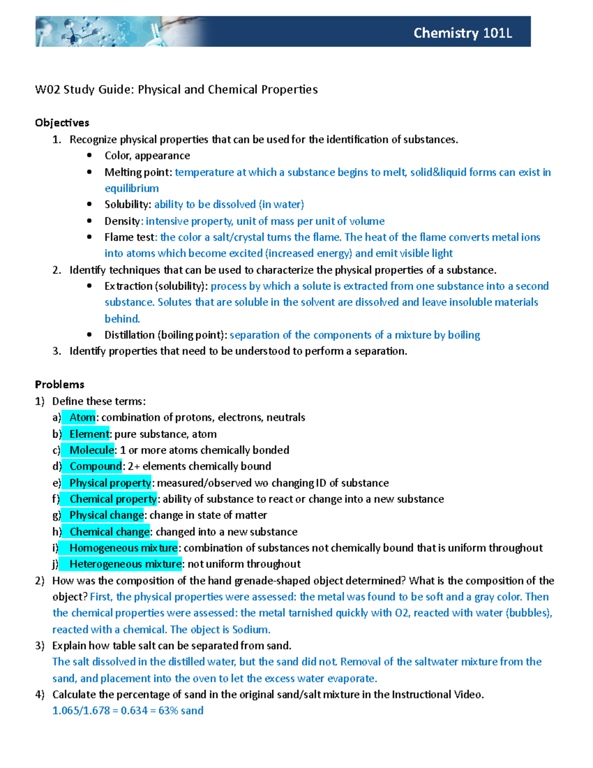 W02Study Guide Revised - Chemistry 101L W02 Study Guide: Physical and ...