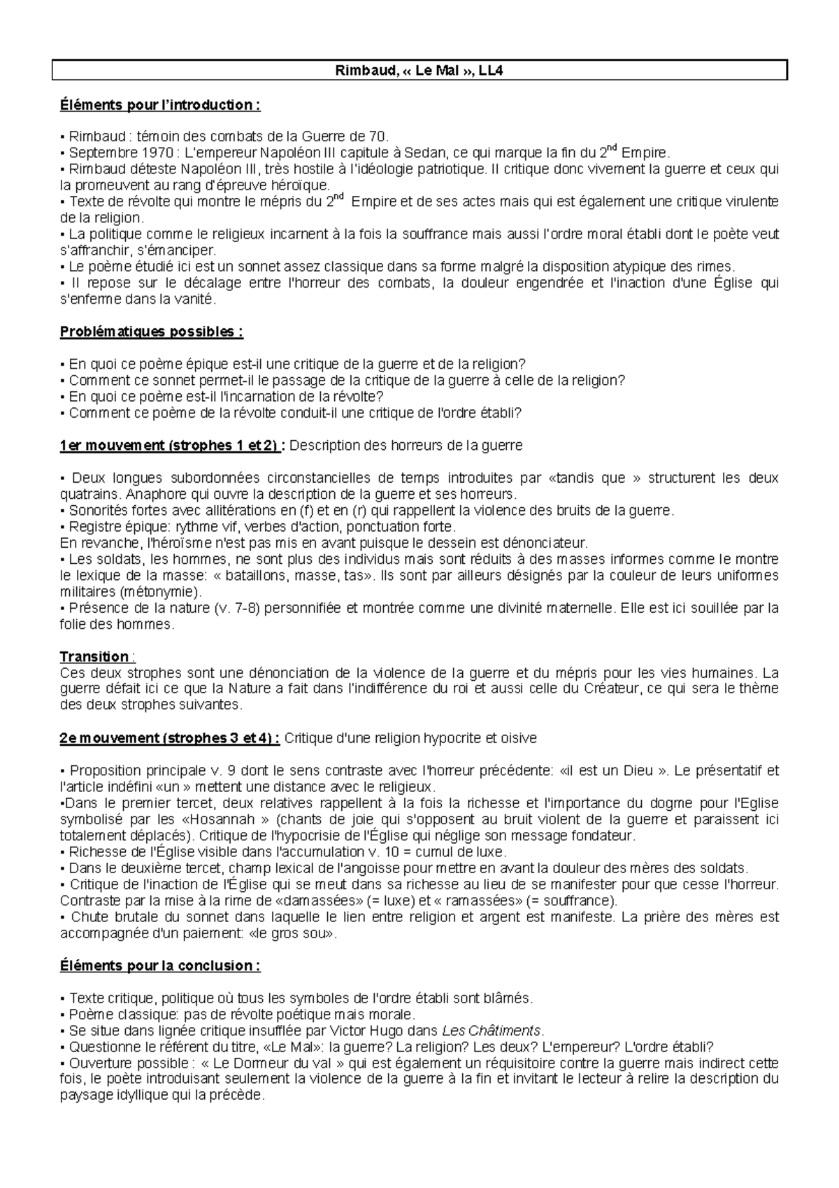 Le Mal LL 4 fiche - Rimbaud, « Le Mal », LL Éléments pour l ...