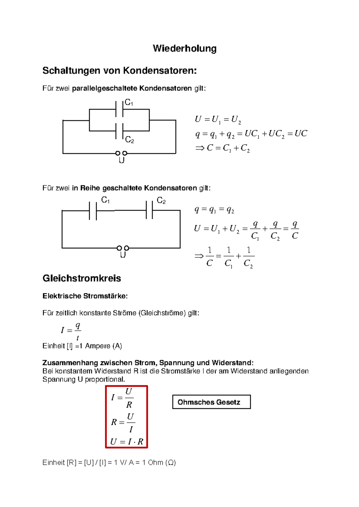Skript Physik Teil 5 - Wiederholung Schaltungen von Kondensatoren: Für zwei parallelgeschaltete ...