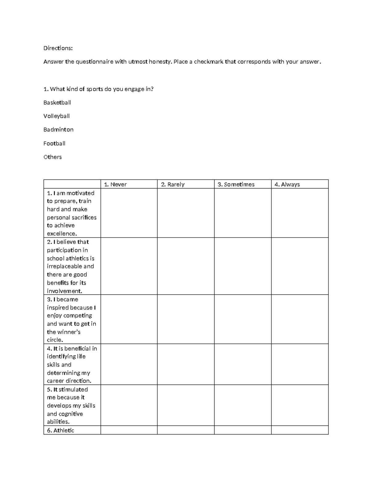 Questionnaire - Good student - Directions: Answer the questionnaire ...
