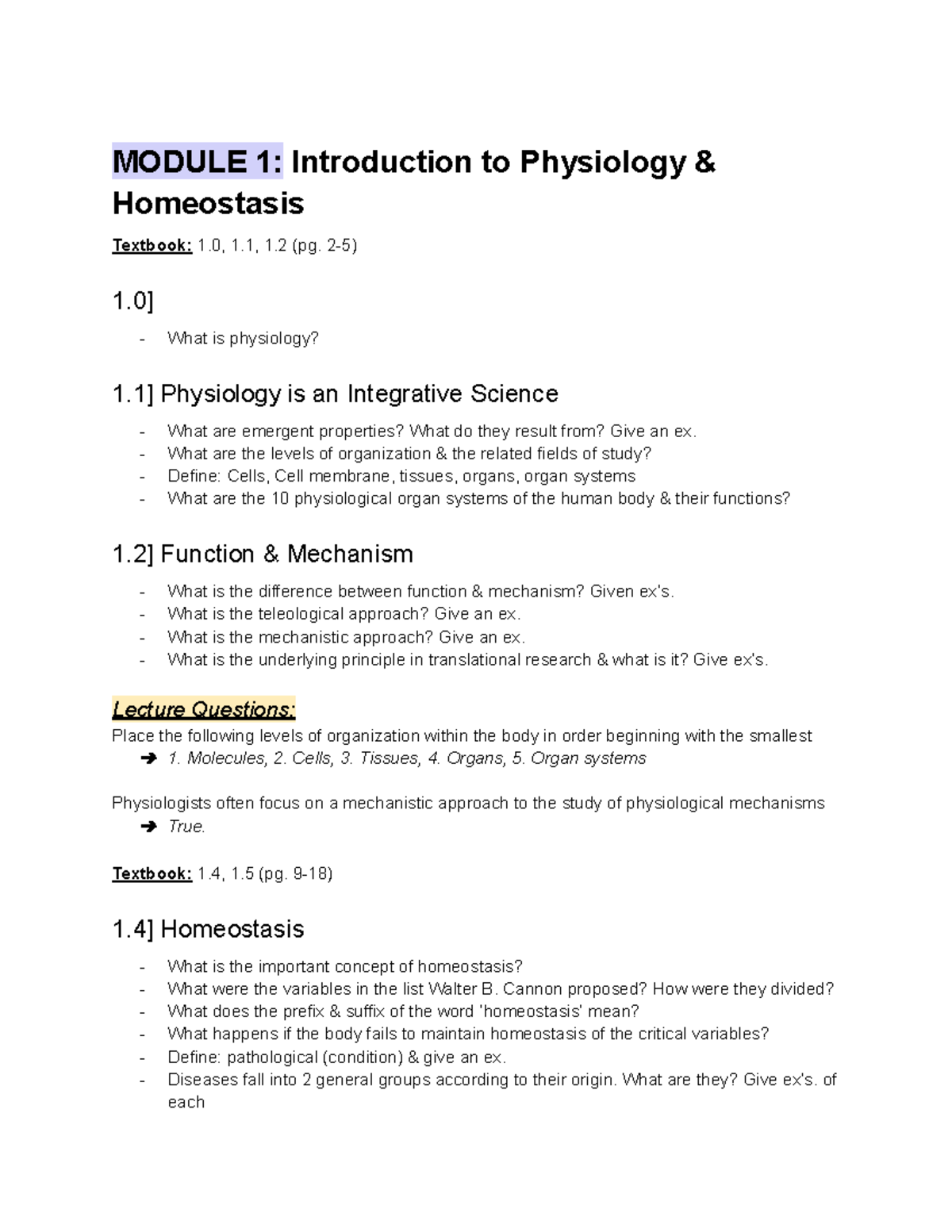 BMSC 207 - textbook questions - MODULE 1: Introduction to Physiology & Homeostasis Textbook: 1 ...