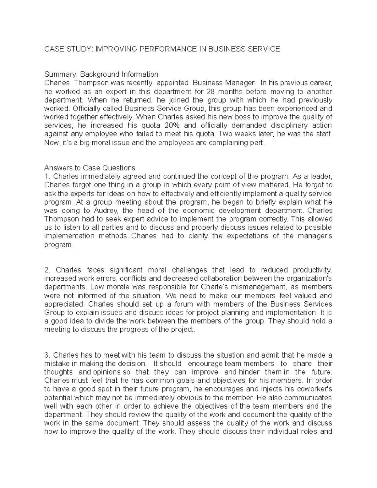 CASE- Study - CASE STUDY: IMPROVING PERFORMANCE IN BUSINESS SERVICE ...