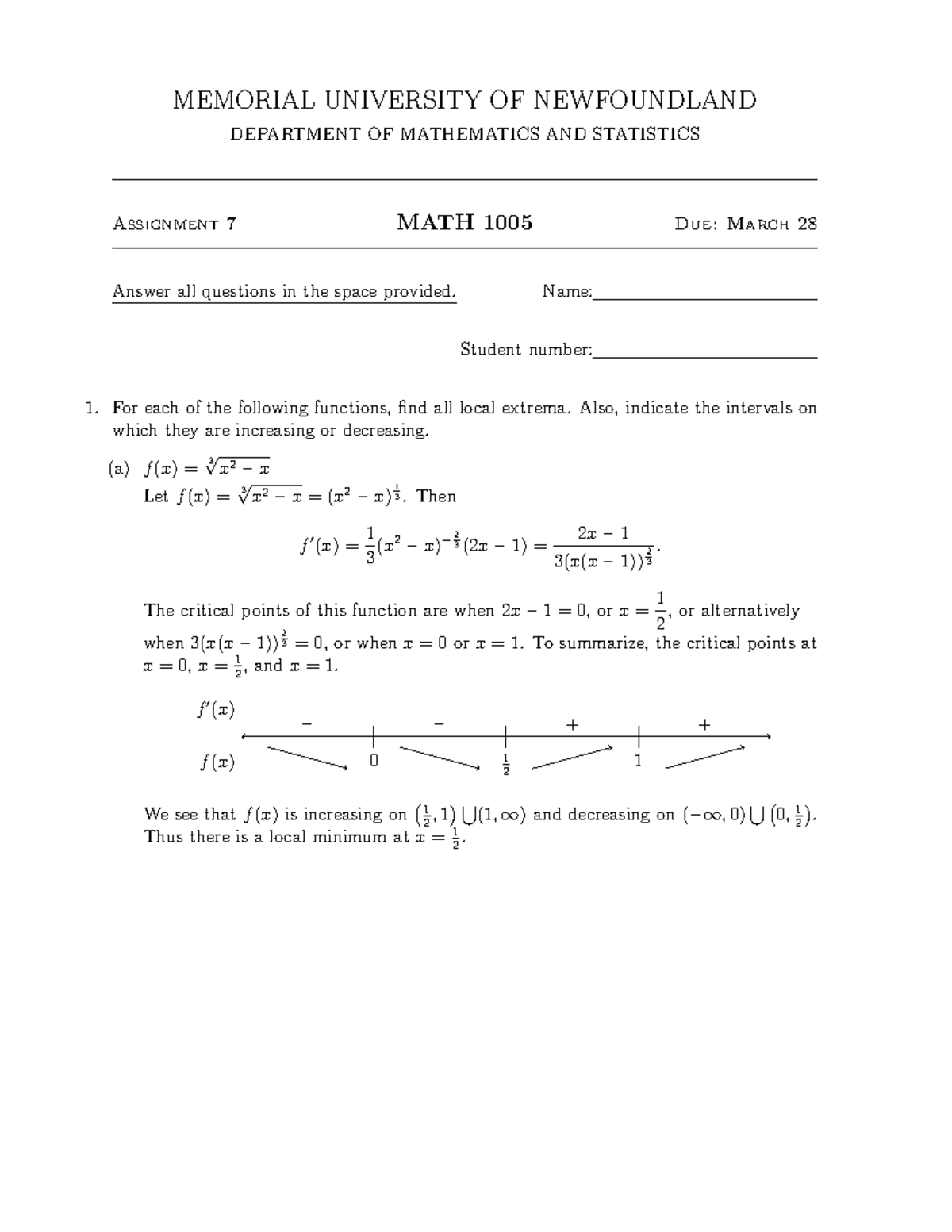 Assignment 7 solutions - MEMORIAL UNIVERSITY OF NEWFOUNDLAND DEPARTMENT ...