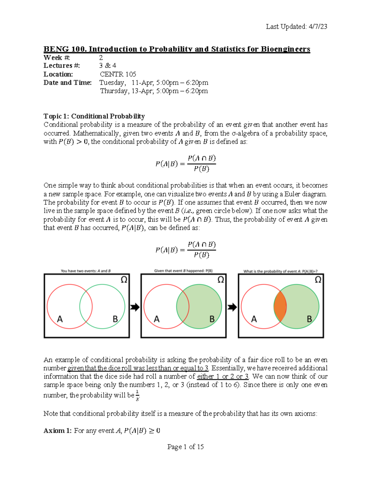 BENG 100 SP 2023 Week 2 lectures 3 and 4 - BENG 100. Introduction to Probability and Statistics ...